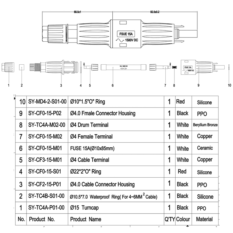 MC4 In-line Fuse Connector 1500V Rated 15A for solar power system